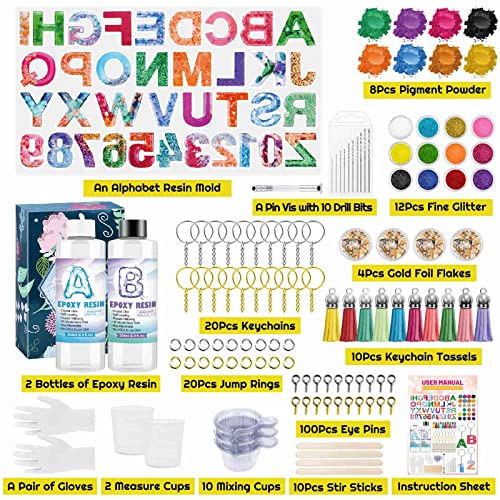 Thrilez Alphabet Resin Molds Kit with Alphabet Silicone Molds, Epoxy Resin, Mica Powder, Glitter, Foil Flakes, Tassels, Keychains, Jump Rings and Pin Vis for Resin Keychain Making