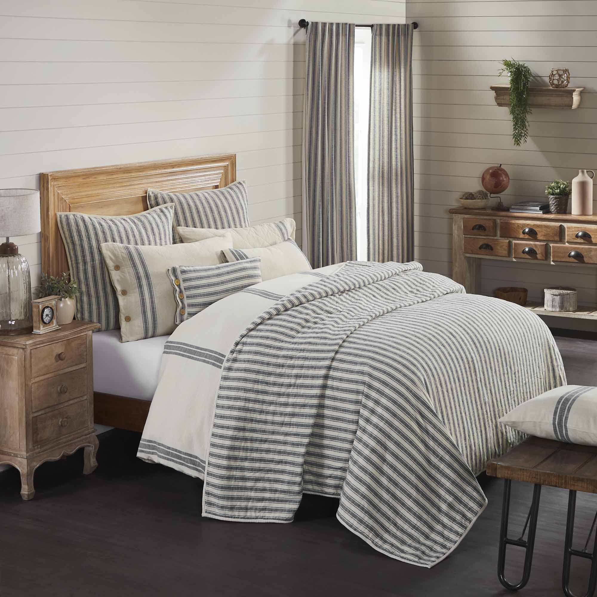 Piper Classics Market Place Gray Queen Quilt, 100% Cotton with Gray Ticking, Hand Quilted Grain Sack Bed Spread Bedding for Boho, Shabby Chic and Rustic Farmhouse Decor (90”x90”) …