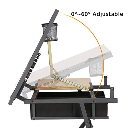 Yaheetech Height Adjustable Drafting Table Drawing Table Artist Desk Tilting Tabletop Art Craft Desk Watercolor Paintings Sketching Work Station w/2 Storage Drawers and Stool for Home Office