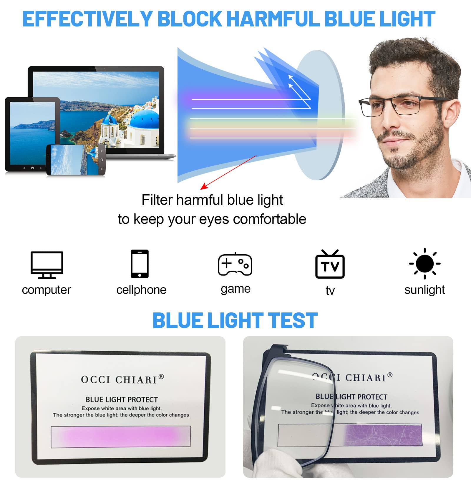 OCCI CHIARI Anti Blue Light Glasses for men - Computer Glasses Men - Black Eyewear Frame - Game Glasses for Men