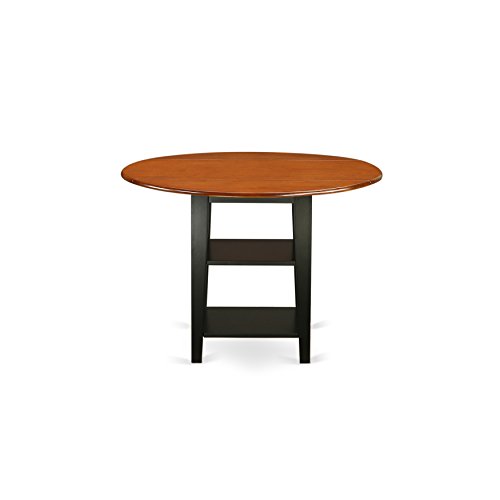 East West Furniture SUPF5-BCH-C 5 Piece Kitchen Table & Chairs Set Includes a Round Dining Table with Dropleaf & Shelves and 4 Linen Fabric Dining Room Chairs, 42x42 Inch, Black & Cherry