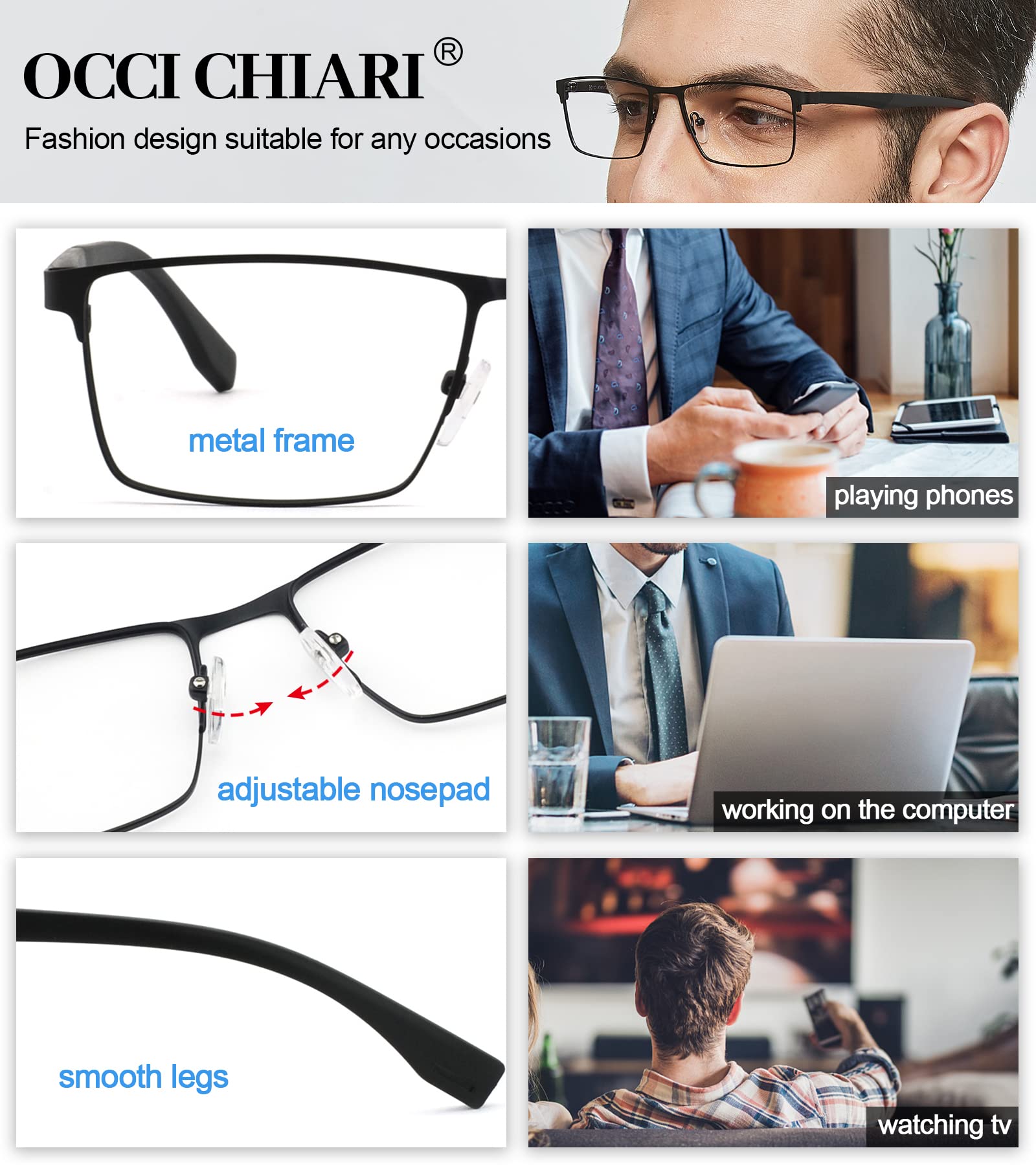 OCCI CHIARI Anti Blue Light Glasses for men - Computer Glasses Men - Black Eyewear Frame - Game Glasses for Men
