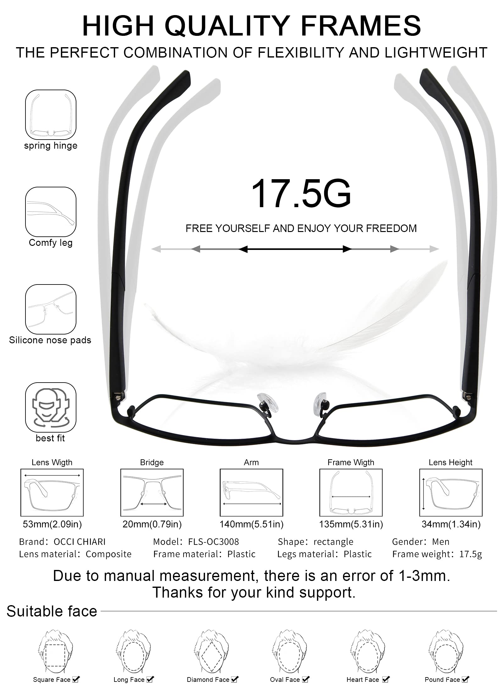 OCCI CHIARI Anti Blue Light Glasses for men - Computer Glasses Men - Black Eyewear Frame - Game Glasses for Men