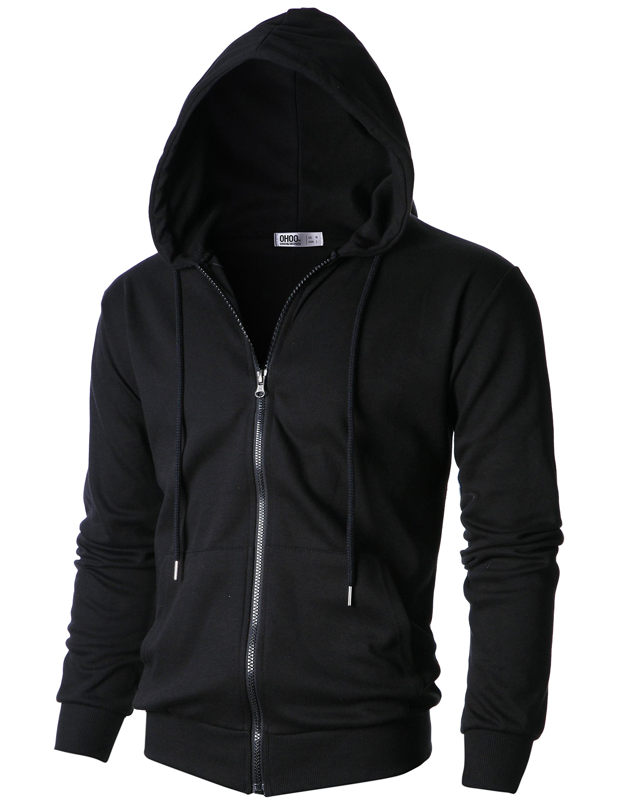 Ohoo Men's Zip Up Hoodie Lightweight Slim Fit Sweatshirt Full Zip Solid Color Hooded Jacket / DCF102-BLACK-S