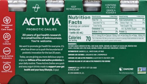 Activia Probiotic Dailies Strawberry Lowfat Yogurt Drinks, Delicious Daily Probiotic Yogurt Smoothie Drinks to Help Support Gut Health, 8 Ct, 3.1 FL OZ