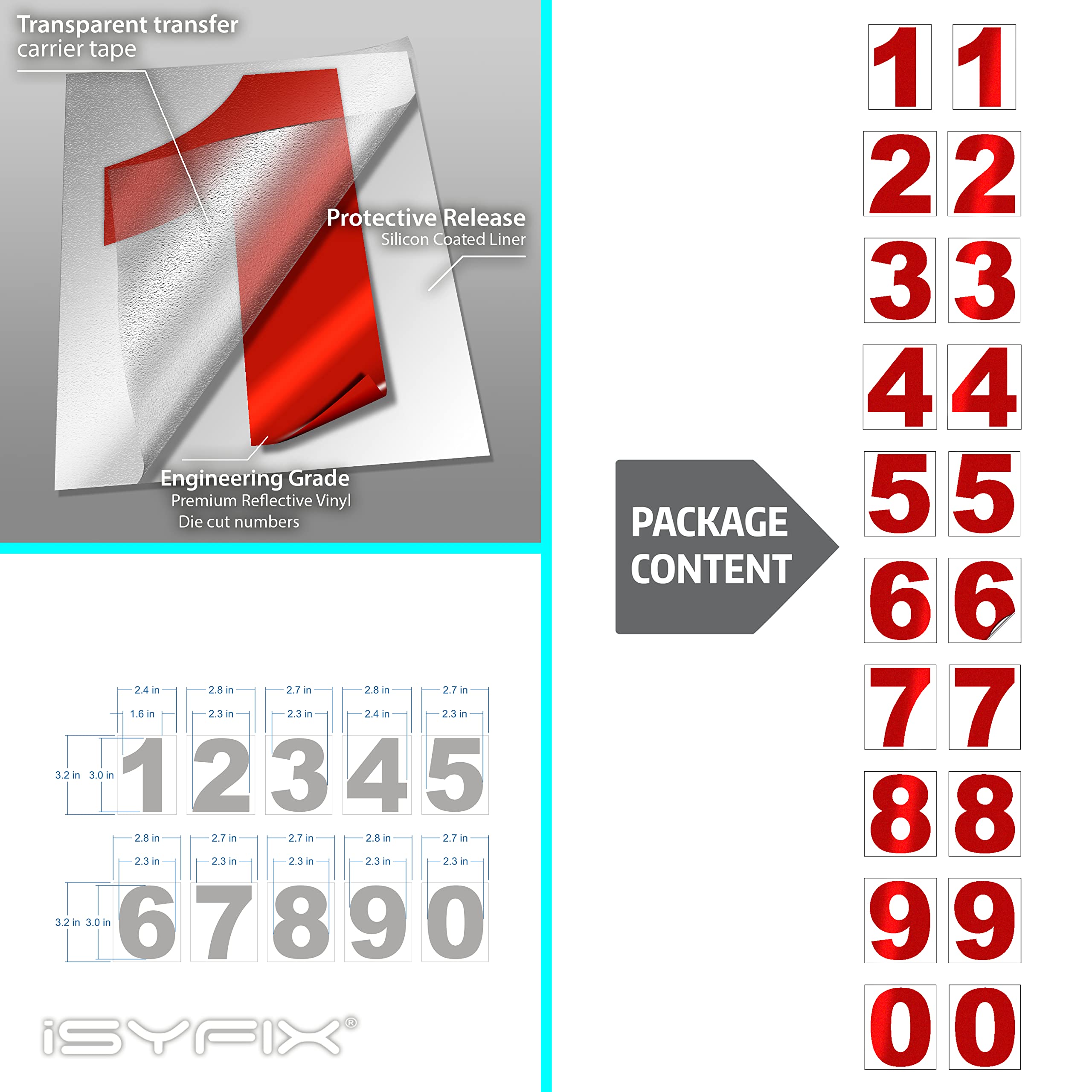 iSYFIX Reflective Red Vinyl Numbers Stickers β (2 Sets) 3 Inch β Premium Self-Adhesive Decal Die Cut and Pre-Spaced for Mailbox, Signs, Window, Door, Cars, Trucks, Home, Business, Address Number