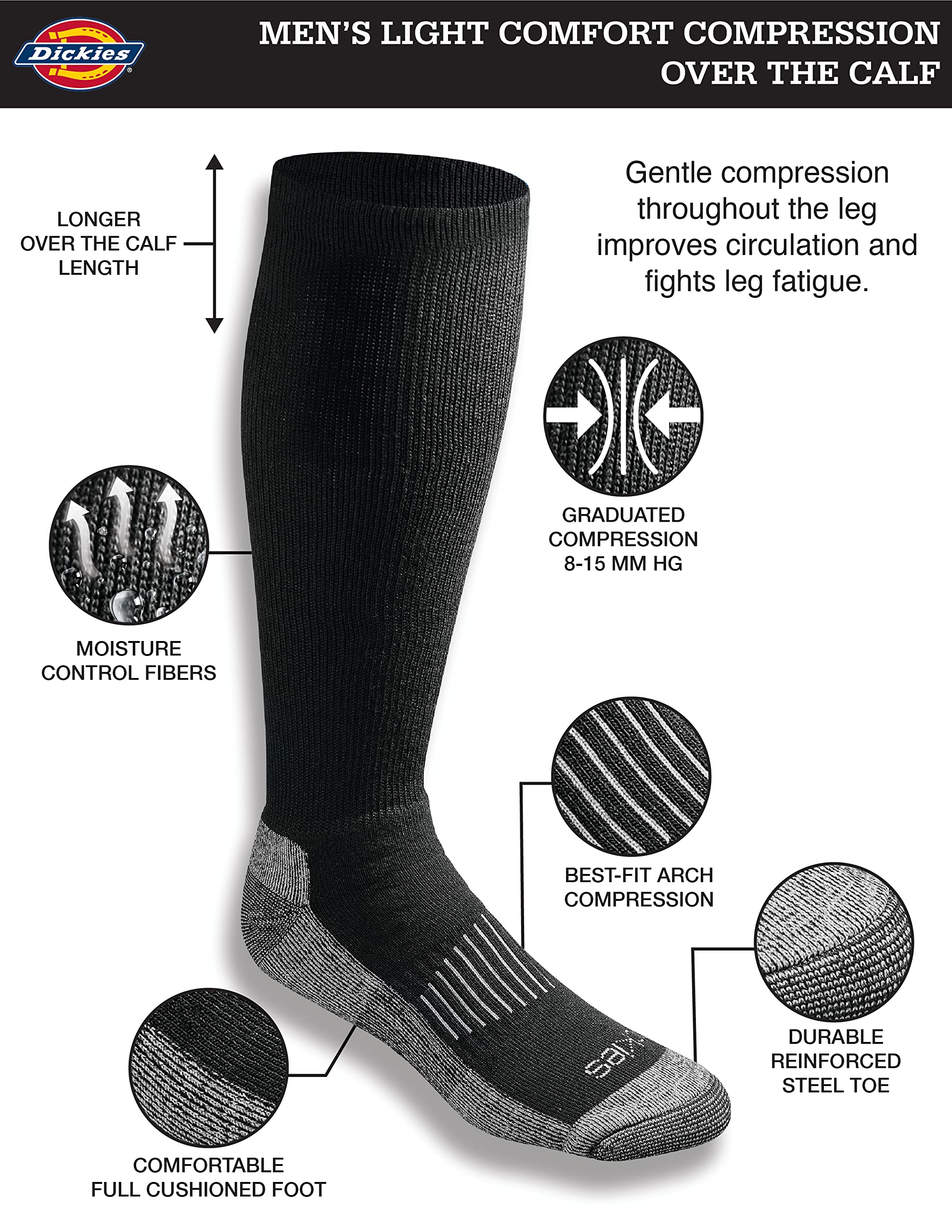 Dickies Men's Light Compression Comfort Over-The-Calf Socks, Available in M-XXL (2, 4 Pairs), Large
