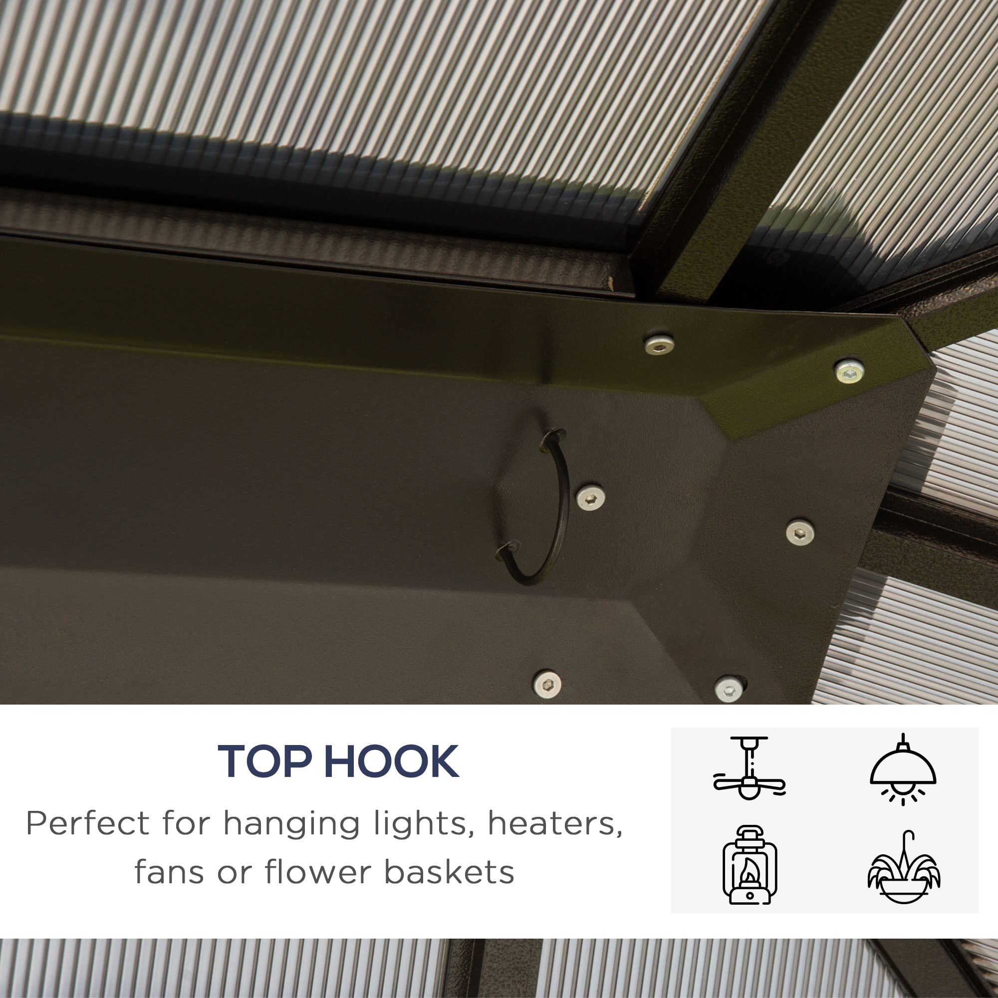 Outsunny 10' x 12' Hardtop Gazebo Canopy with Polycarbonate Roof, Aluminum Frame, Permanent Pavilion Outdoor Gazebo with Netting, for Patio, Garden, Backyard, Deck, Lawn, Dark Brown, Off-White