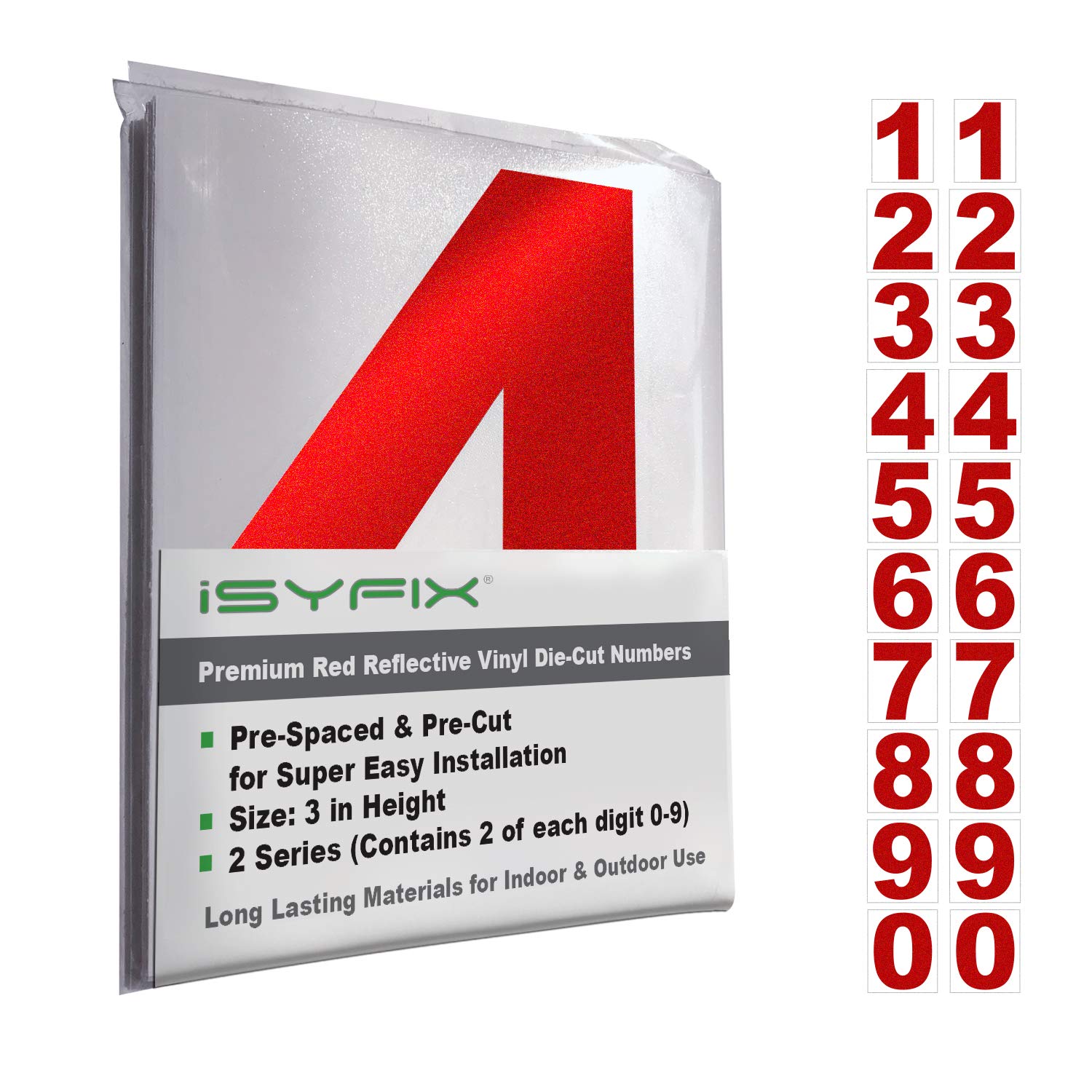 iSYFIX Reflective Red Vinyl Numbers Stickers β (2 Sets) 3 Inch β Premium Self-Adhesive Decal Die Cut and Pre-Spaced for Mailbox, Signs, Window, Door, Cars, Trucks, Home, Business, Address Number