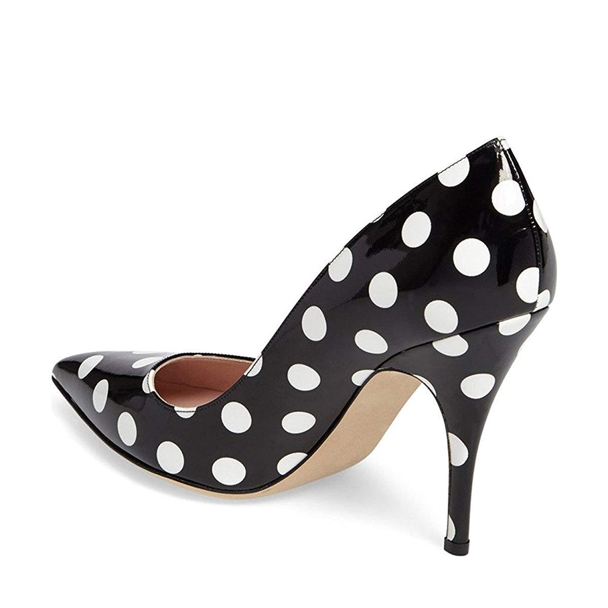 YDN Women Chic Pointed Closed Toe Mid Heel Pumps Slip on Stilettos Slide Dress Shoes for Party 9 Black Polka Dot