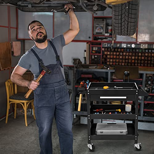 ERGOMASTER 3 Tier Rolling Tool Cart, 330 LBS Capacity Industrial Service Cart, Heavy Duty Steel Utility Cart, Tool Organizer with Drawer, Design for Garage, Warehouse & Repair Shop (Black)