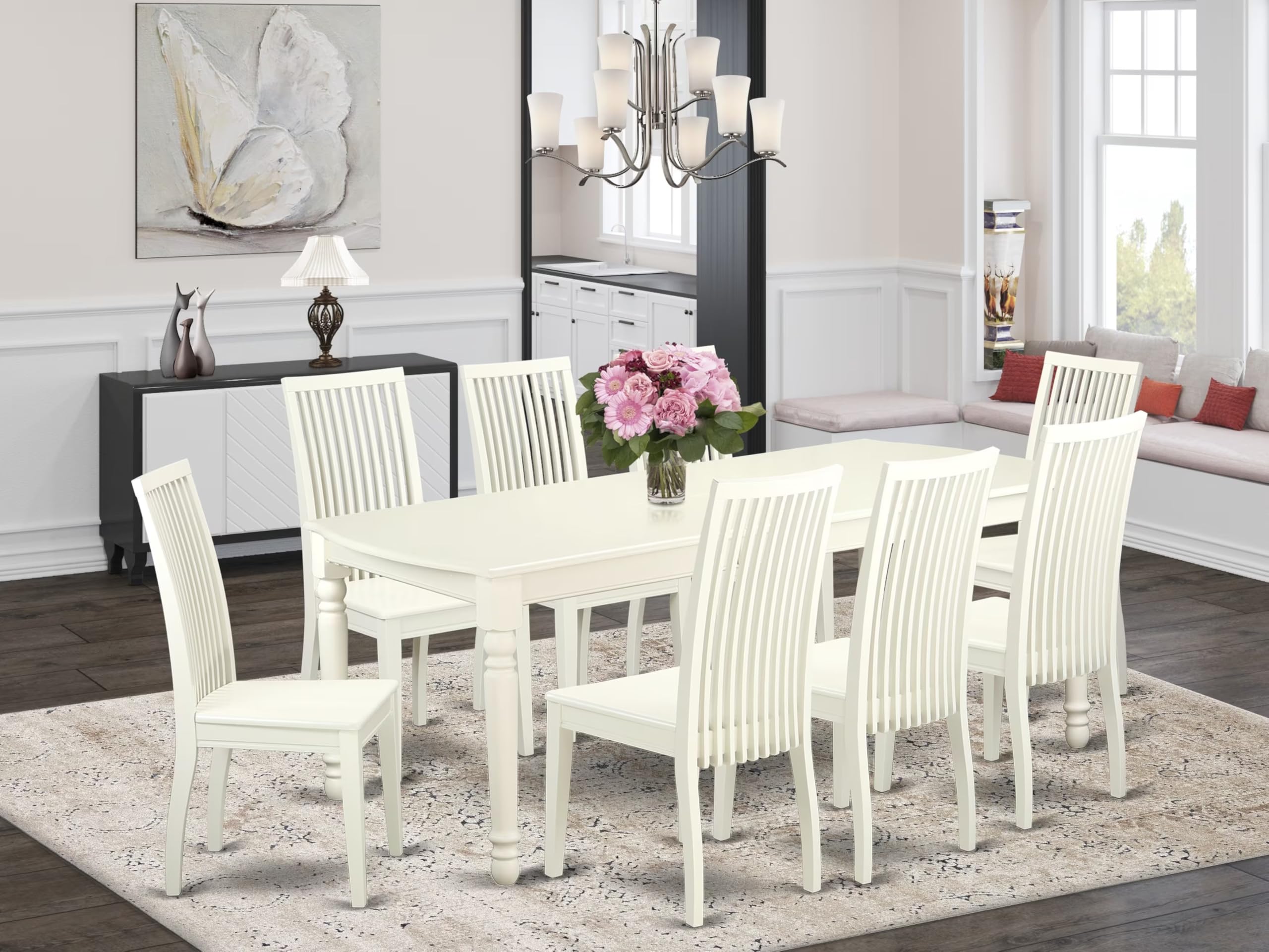 East West Furniture DOIP9-LWH-W 9 Piece Dining Set Includes a Rectangle Dining Table with Butterfly Leaf and 8 Kitchen Chairs, 42x78 Inch, Linen White