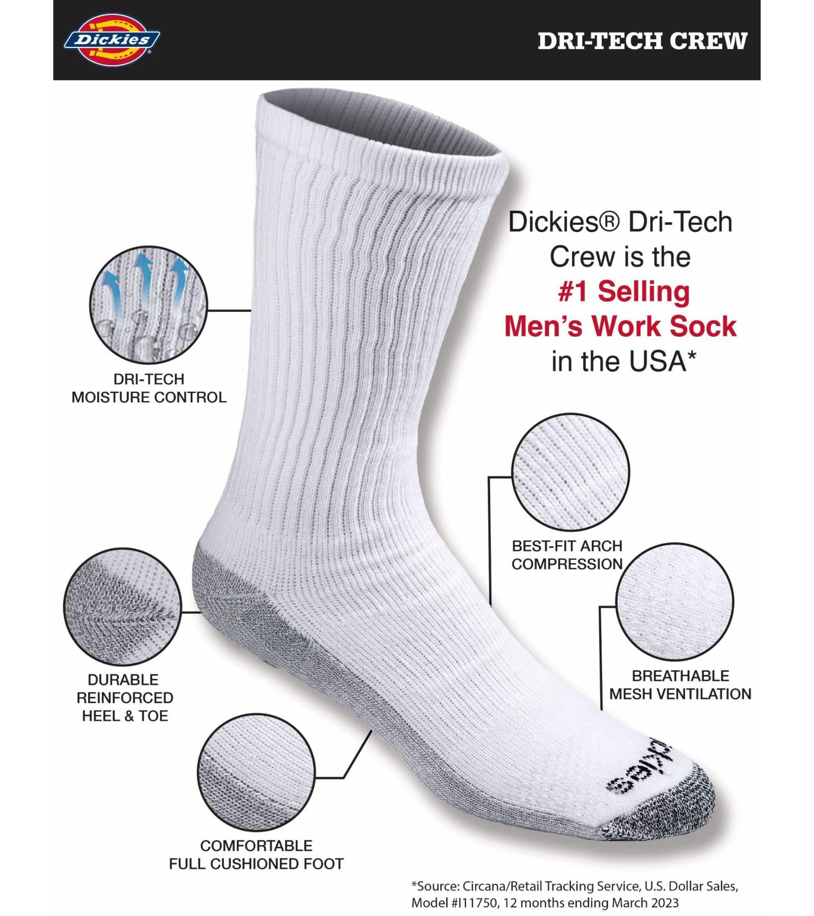 Dickies Men's Dri-Tech Original Moisture Control Crew Socks, Available in M-XXL (6, 18, White (12 Pairs), Large