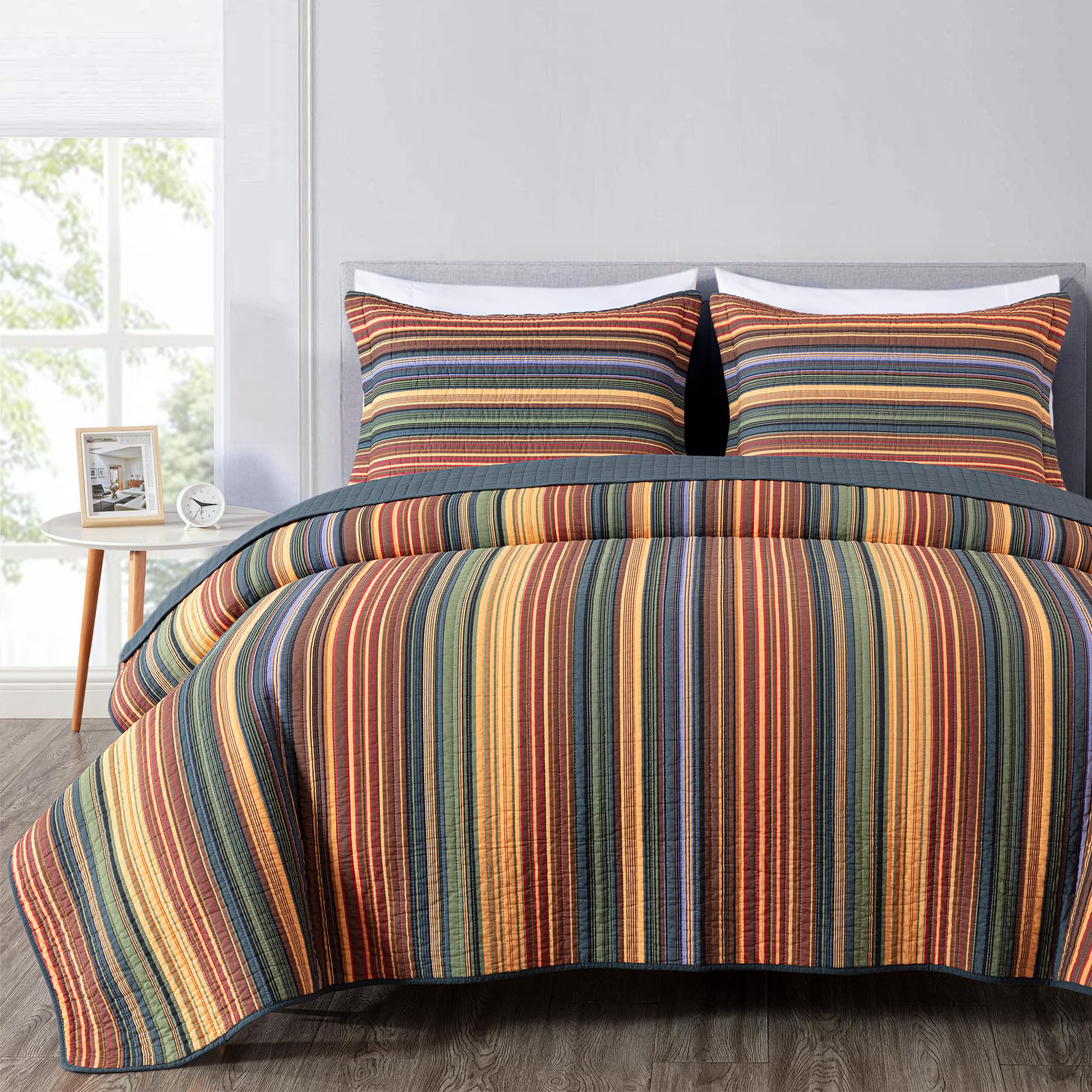 Chezmoi Collection Avery 3-Piece Multi-Color Striped 100% Washed Cotton Quilt Set King Size