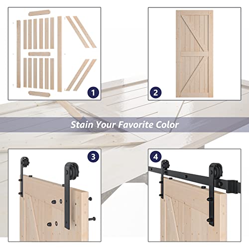 SmartStandard 36in x 84in Barn Door Kit, (2-Panel Sliding Door & Pull and Handle Set & Floor Guide), Pre-Drilled Ready to Assemble, Natural Unfinished Solid Wood Door, K-Frame (Fit 6FT -6.6FT Rail)