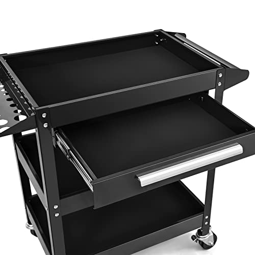 ERGOMASTER 3 Tier Rolling Tool Cart, 330 LBS Capacity Industrial Service Cart, Heavy Duty Steel Utility Cart, Tool Organizer with Drawer, Design for Garage, Warehouse & Repair Shop (Black)