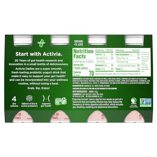 Activia Probiotic Dailies Strawberry Lowfat Yogurt Drinks, Delicious Daily Probiotic Yogurt Smoothie Drinks to Help Support Gut Health, 8 Ct, 3.1 FL OZ