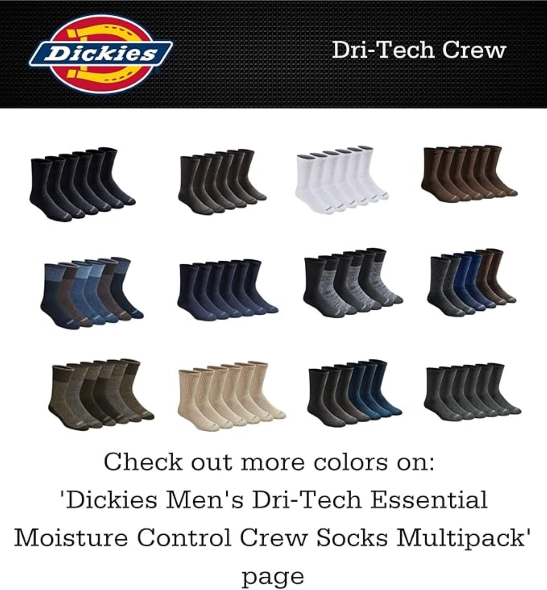 Dickies Men's Dri-Tech Original Moisture Control Crew Socks, Available in M-XXL (6, 18, White (12 Pairs), Large