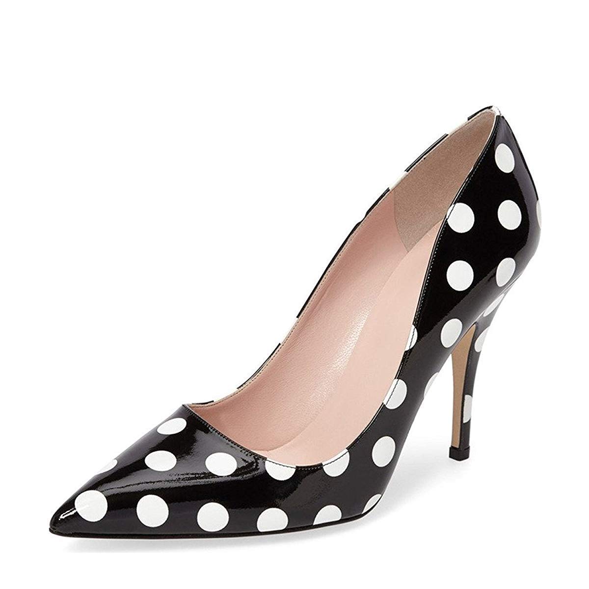 YDN Women Chic Pointed Closed Toe Mid Heel Pumps Slip on Stilettos Slide Dress Shoes for Party 9 Black Polka Dot
