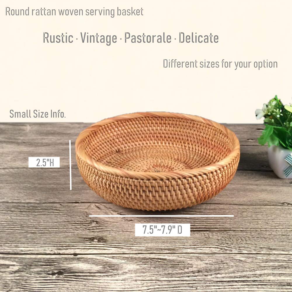 amololo Hadewoven Round Rattan Fruit Basket Wicker Food Tray Weaving Storage Holder Dinning Room Bowl, 8 Inch Small Bread Baskets Tray for Serving with Deep Wall, Brown (Small 7.48β)