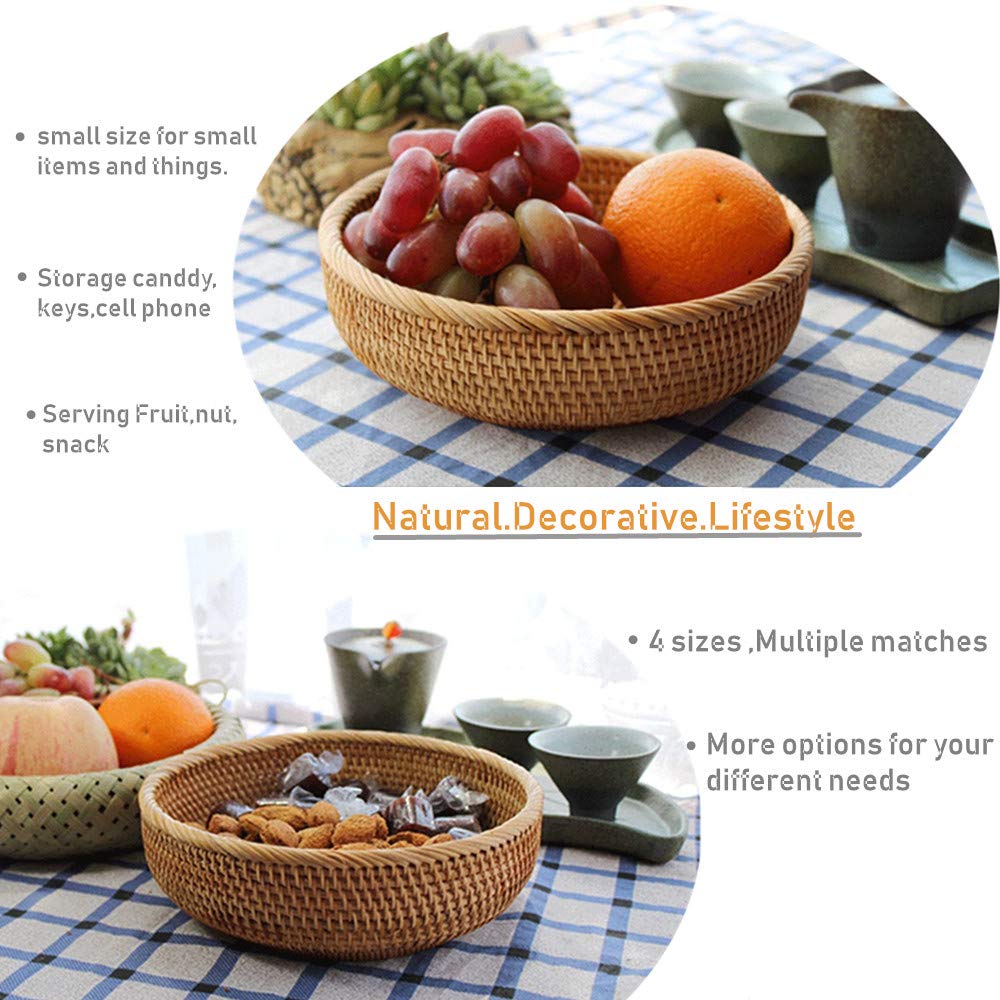 amololo Hadewoven Round Rattan Fruit Basket Wicker Food Tray Weaving Storage Holder Dinning Room Bowl, 8 Inch Small Bread Baskets Tray for Serving with Deep Wall, Brown (Small 7.48β)