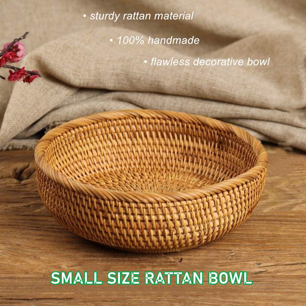 amololo Hadewoven Round Rattan Fruit Basket Wicker Food Tray Weaving Storage Holder Dinning Room Bowl, 8 Inch Small Bread Baskets Tray for Serving with Deep Wall, Brown (Small 7.48β)
