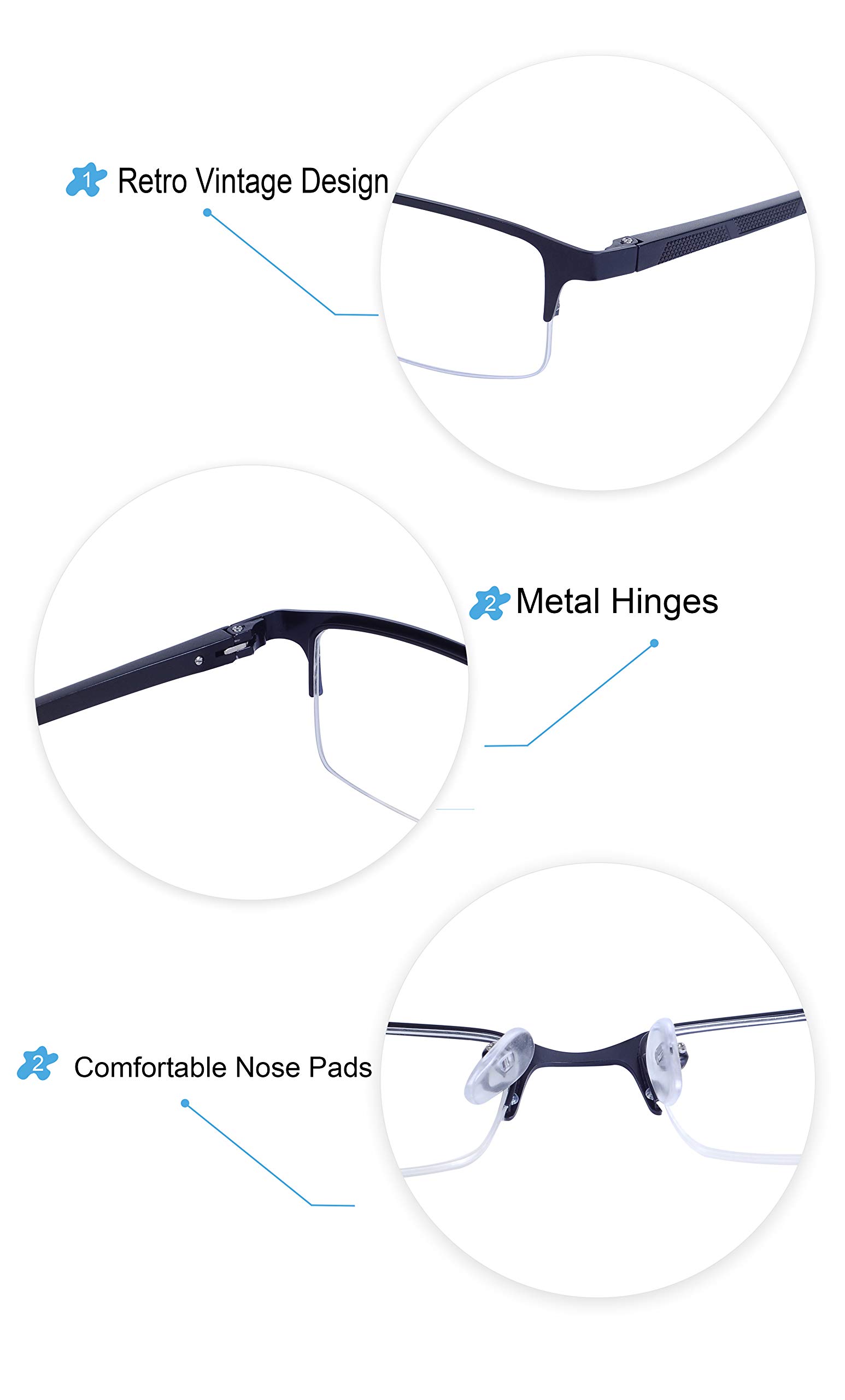 JoXiGo Blue Light Blocking Glasses for Men Vintage Half-Rim Rectangular Metal Eyewear Frame with Clear Transparent Lens UV400 with Case