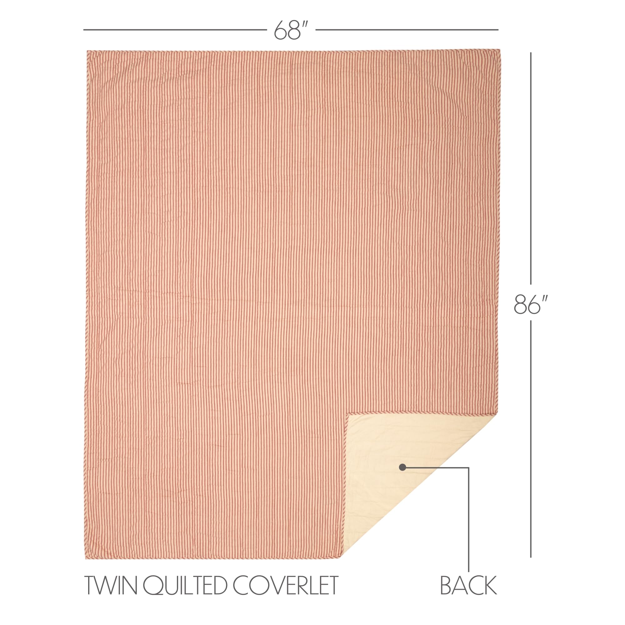 VHC Brands Sawyer Mill Ticking Striped Cotton Farmhouse Pre-Washed Twin Bedding Accessory, Quilt 68x86, Red Country