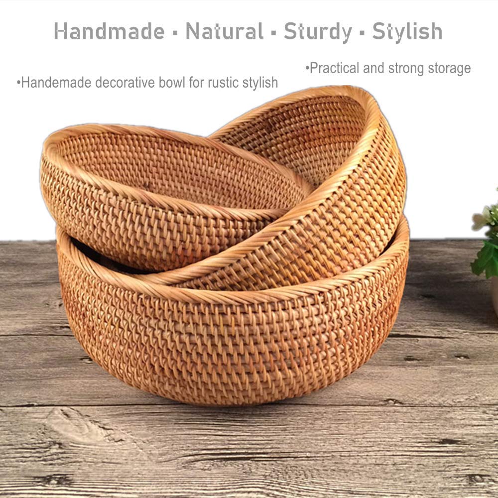 amololo Hadewoven Round Rattan Fruit Basket Wicker Food Tray Weaving Storage Holder Dinning Room Bowl, 8 Inch Small Bread Baskets Tray for Serving with Deep Wall, Brown (Small 7.48β)