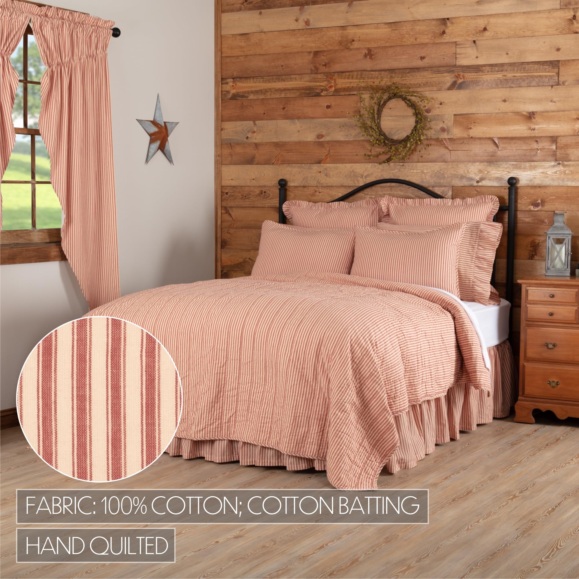 VHC Brands Sawyer Mill Ticking Striped Cotton Farmhouse Pre-Washed Twin Bedding Accessory, Quilt 68x86, Red Country