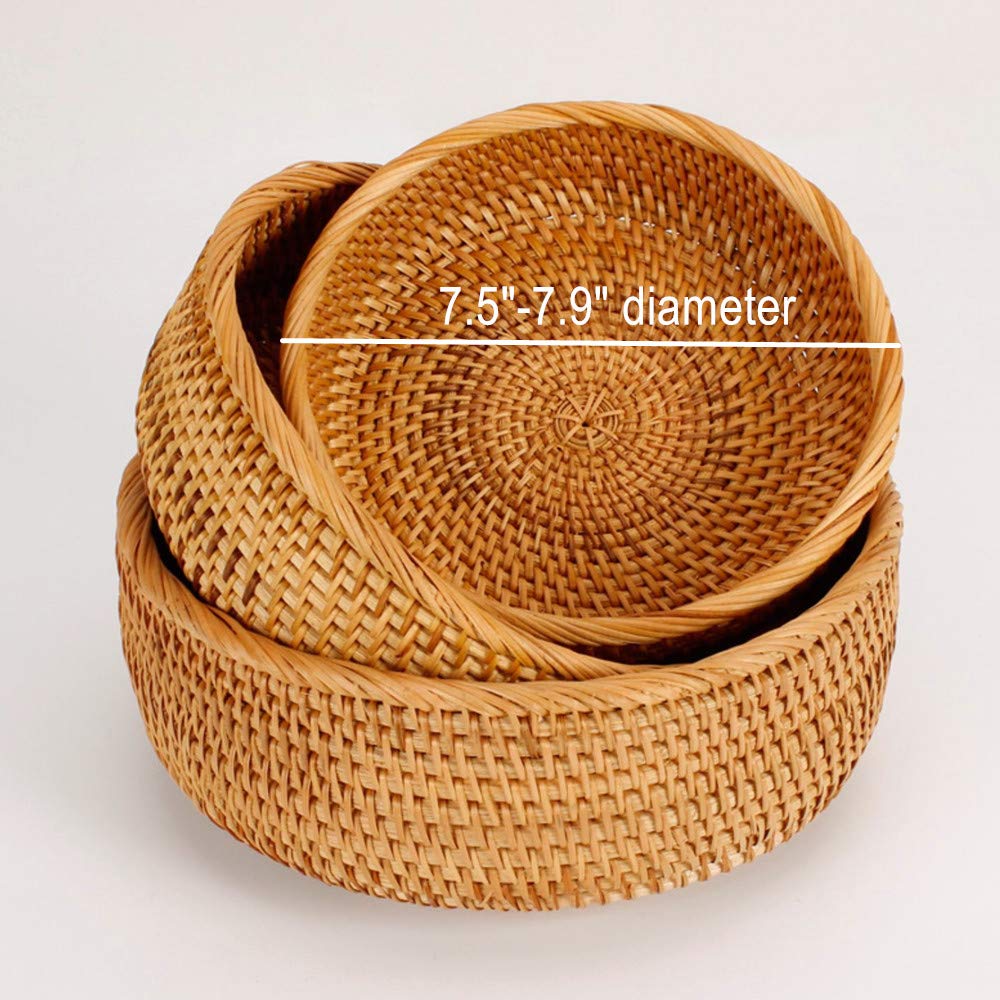 amololo Hadewoven Round Rattan Fruit Basket Wicker Food Tray Weaving Storage Holder Dinning Room Bowl, 8 Inch Small Bread Baskets Tray for Serving with Deep Wall, Brown (Small 7.48β)