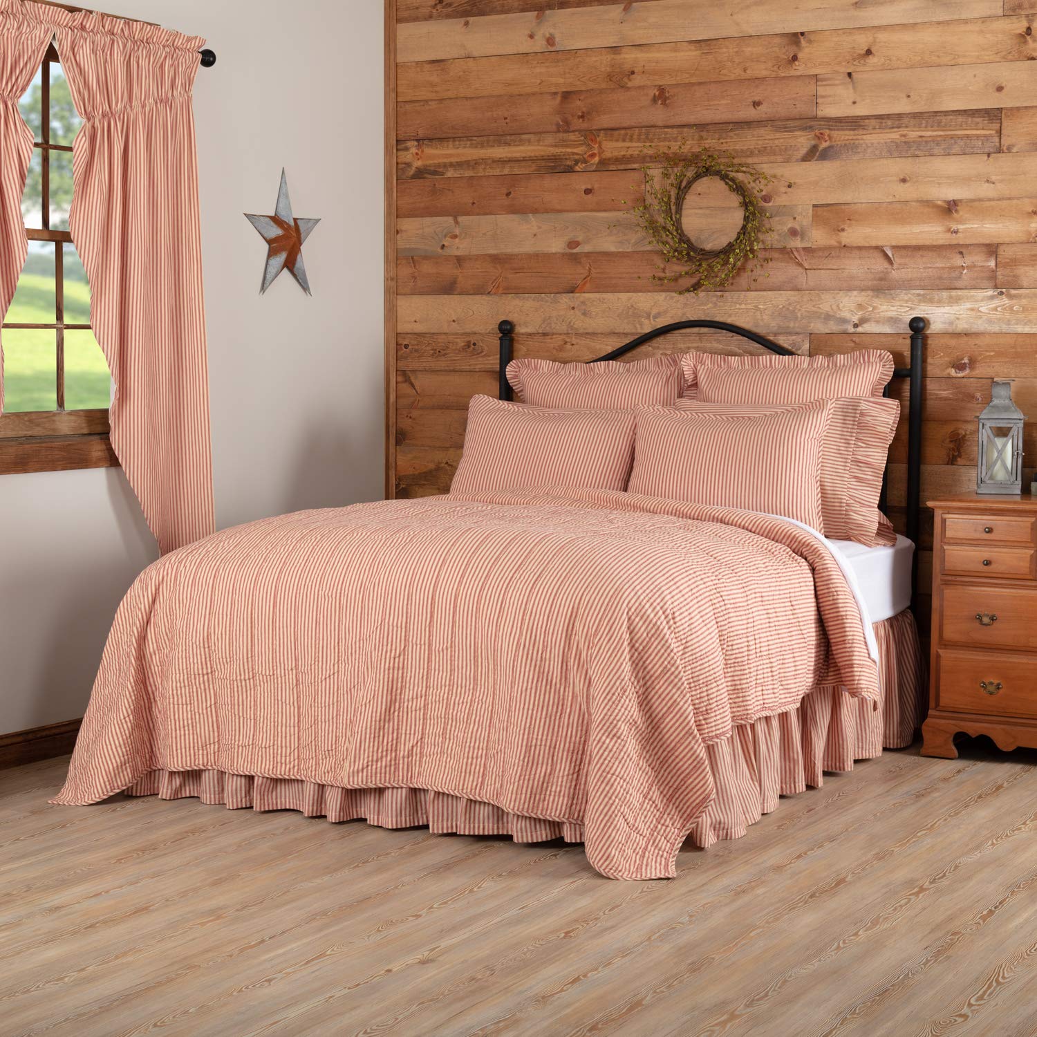 VHC Brands Sawyer Mill Ticking Striped Cotton Farmhouse Pre-Washed Twin Bedding Accessory, Quilt 68x86, Red Country