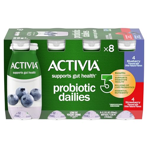Activia Probiotic Dailies Strawberry and Blueberry Lowfat Yogurt Drinks, Delicious Daily Probiotic Yogurt Drinks to Help Support Gut Health, 8 Ct, 3.1 FL OZ