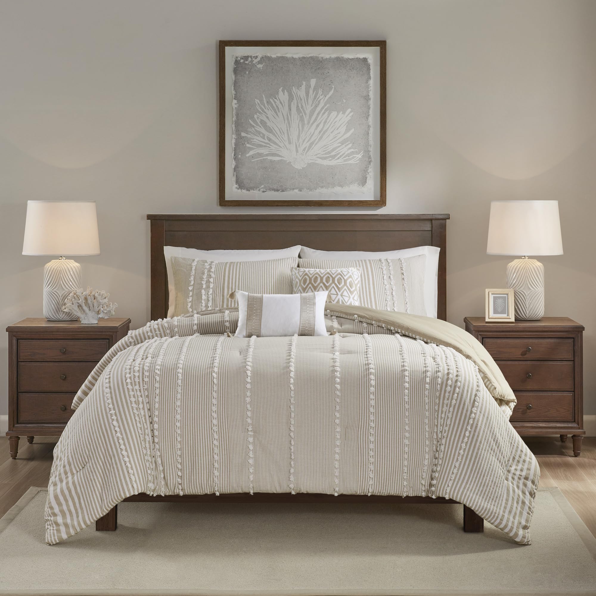Harbor House 100% Cotton Duvet Set - Trendy Tufted Textured Design, All Season Cozy Bedding Modern Comforter Cover, Matching Shams, Anslee Pom Pom Taupe Queen(90"x90") 3 Piece