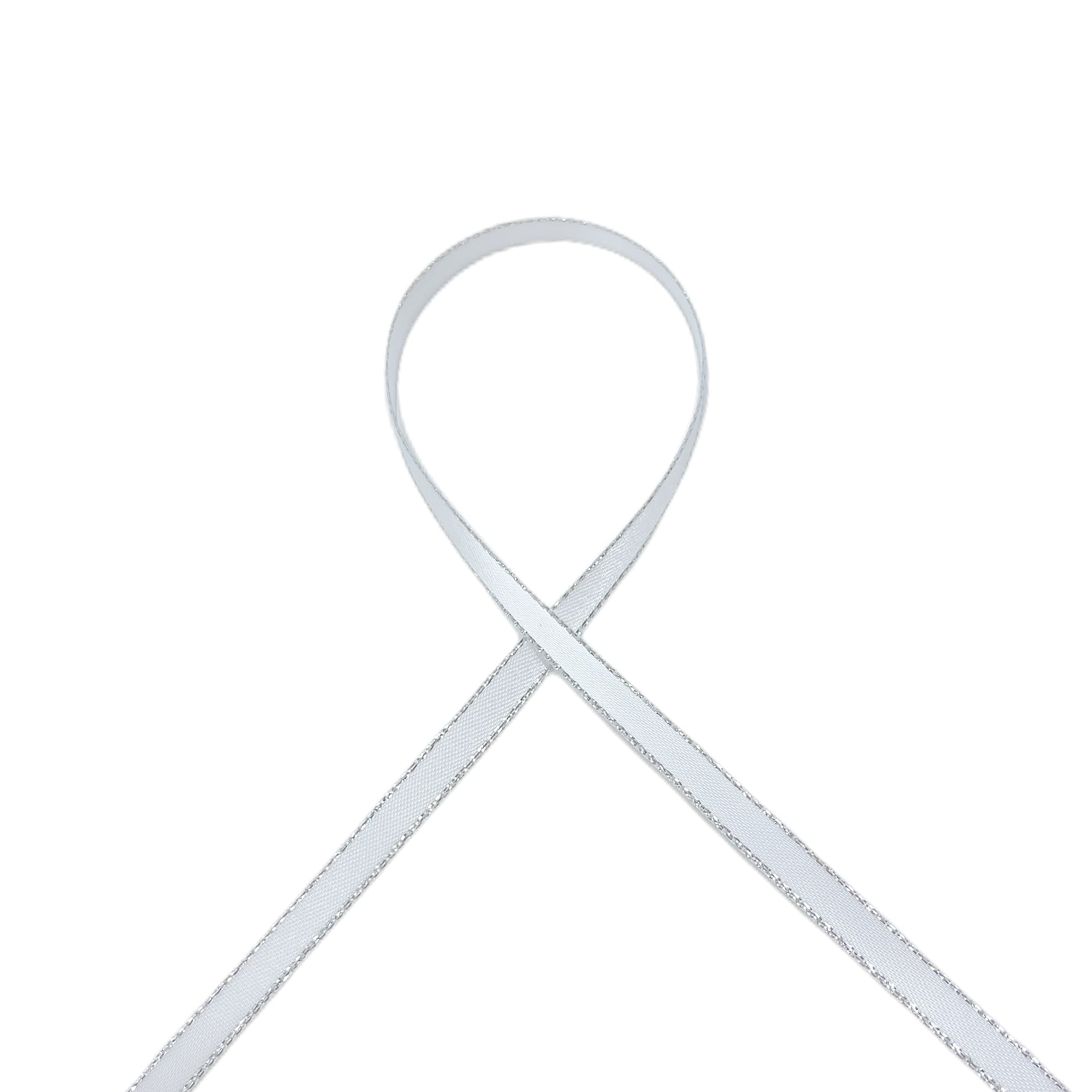 QIANF White Double Face Satin Ribbon with Silver Border, 1/4 Inch X 50Yd