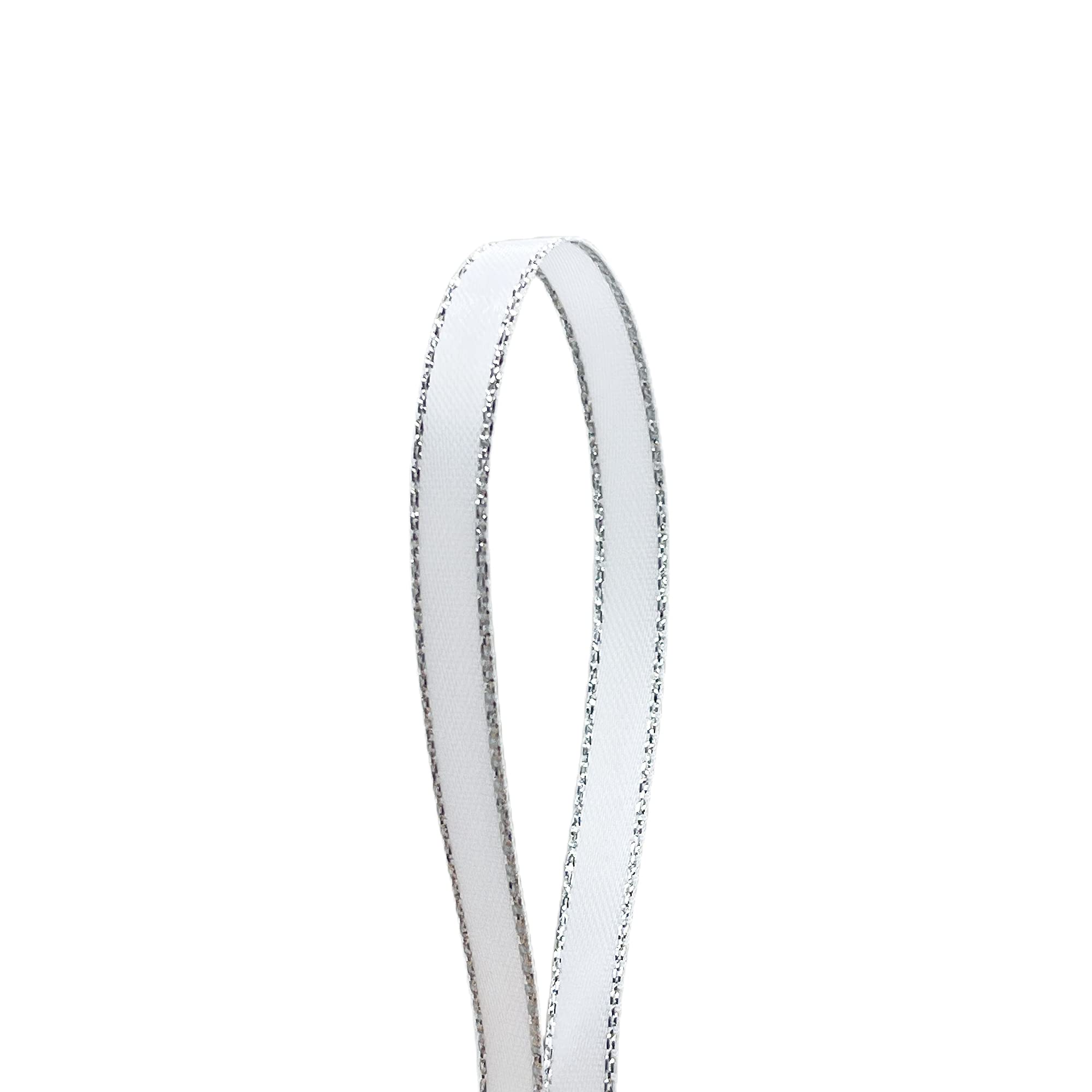 QIANF White Double Face Satin Ribbon with Silver Border, 1/4 Inch X 50Yd