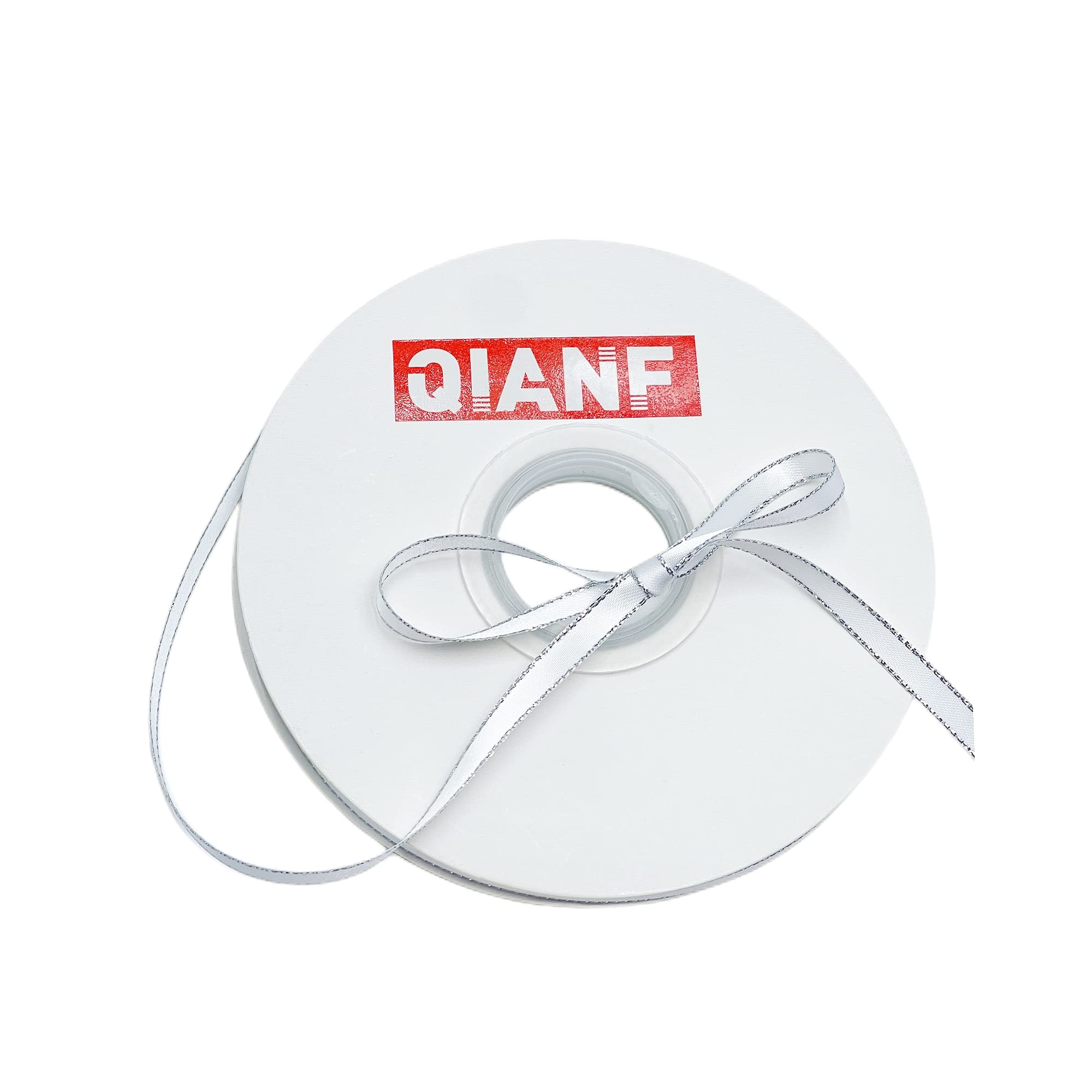 QIANF White Double Face Satin Ribbon with Silver Border, 1/4 Inch X 50Yd