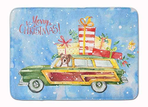 Caroline's Treasures CK2464RUG Merry Christmas Red Staffie Bull Terrier Machine Washable Memory Foam Mat, Bathroom Rug, Non-Slip Bath Mat, Durable Thick Washable Rugs for Kitchen, Bathroom Quick Dry,