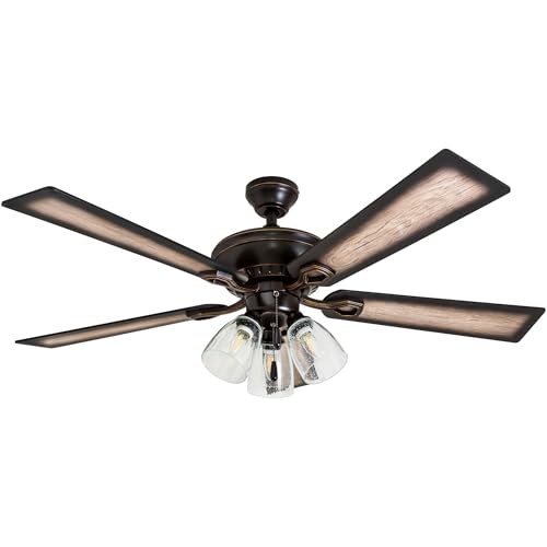 Prominence Home Glenmont, 52 Inch Farmhouse LED Ceiling Fan with Light, Pull Chain, Three Mounting Options, Dual Finish Blades, Reversible Motor - 40278-01 (Oil-Rubbed Bronze)