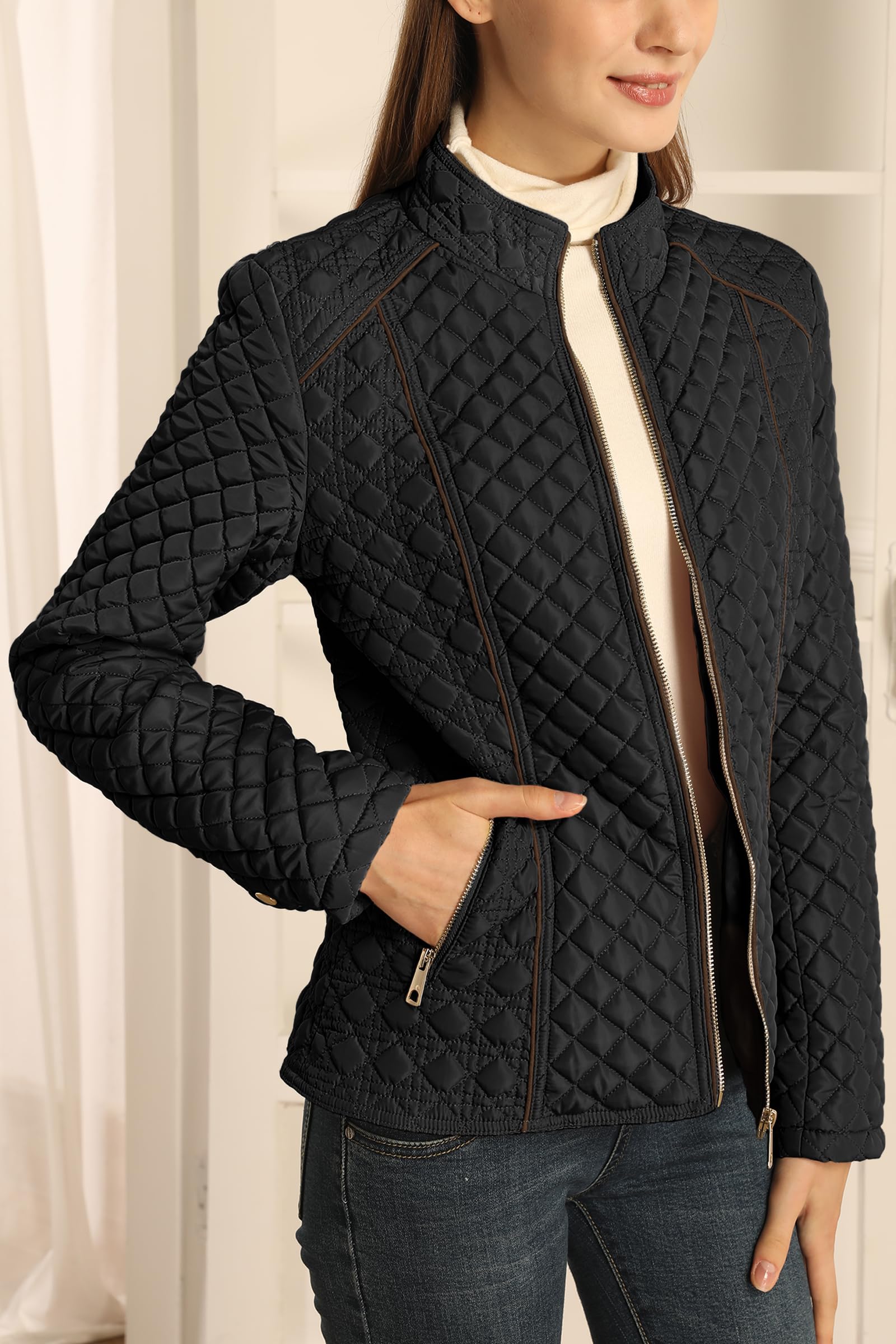 Bellivera Women's Stand Collar Lightweight Quilted Puffer Jacket Padded Zip Coat for Spring and Winter 087 black S