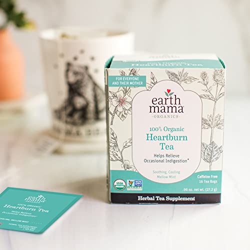 Earth Mama Organic Heartburn Tea | Pregnancy-Safe Soothing Herbal Blend with Marshmallow Root, Lemon Balm & Chamomile, 16 Teabags Per Box (3-Pack)