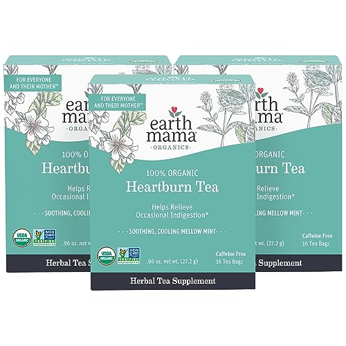 Earth Mama Organic Heartburn Tea | Pregnancy-Safe Soothing Herbal Blend with Marshmallow Root, Lemon Balm & Chamomile, 16 Teabags Per Box (3-Pack)