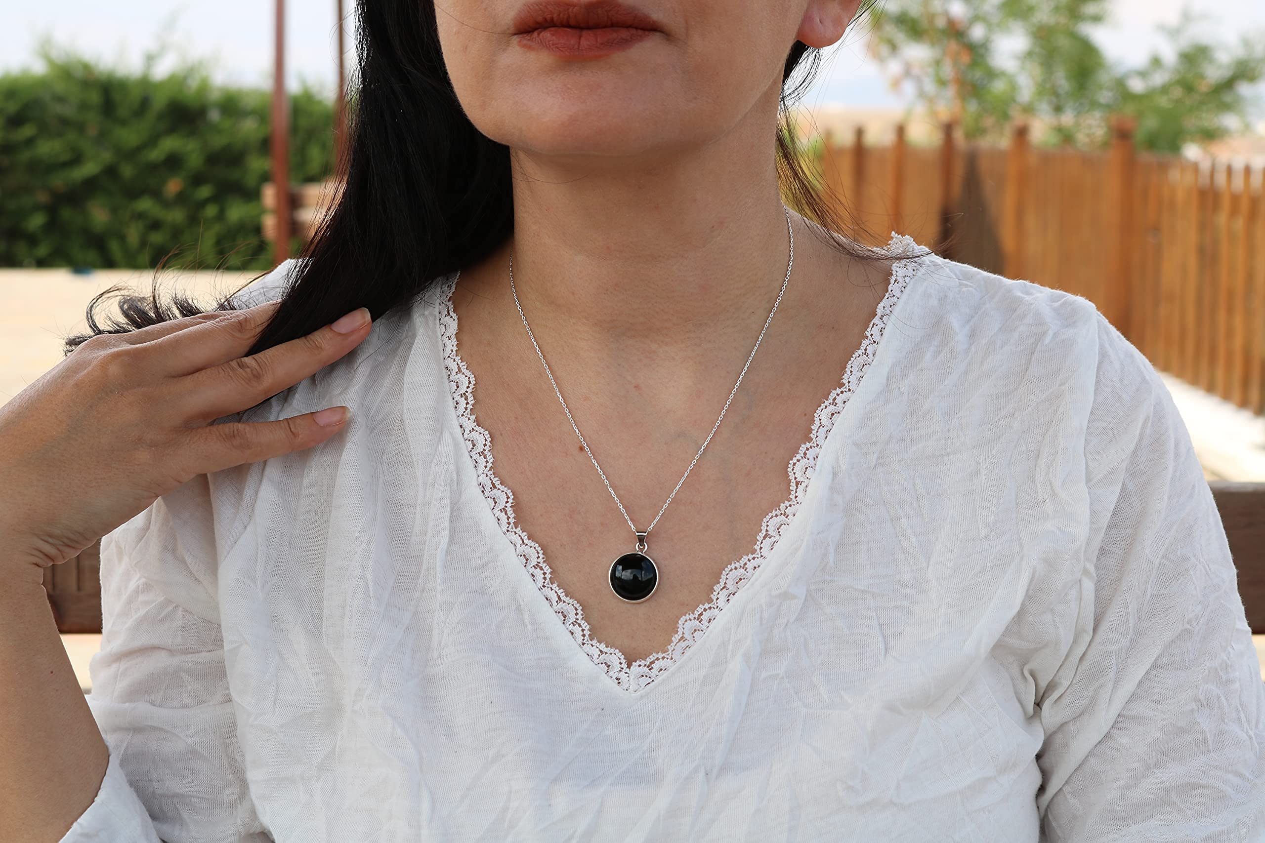 Echmeck Sterling Silver 925 Round Black Onyx 20mm Handmade Pendant Necklace with 16+2 inches Chain for Women