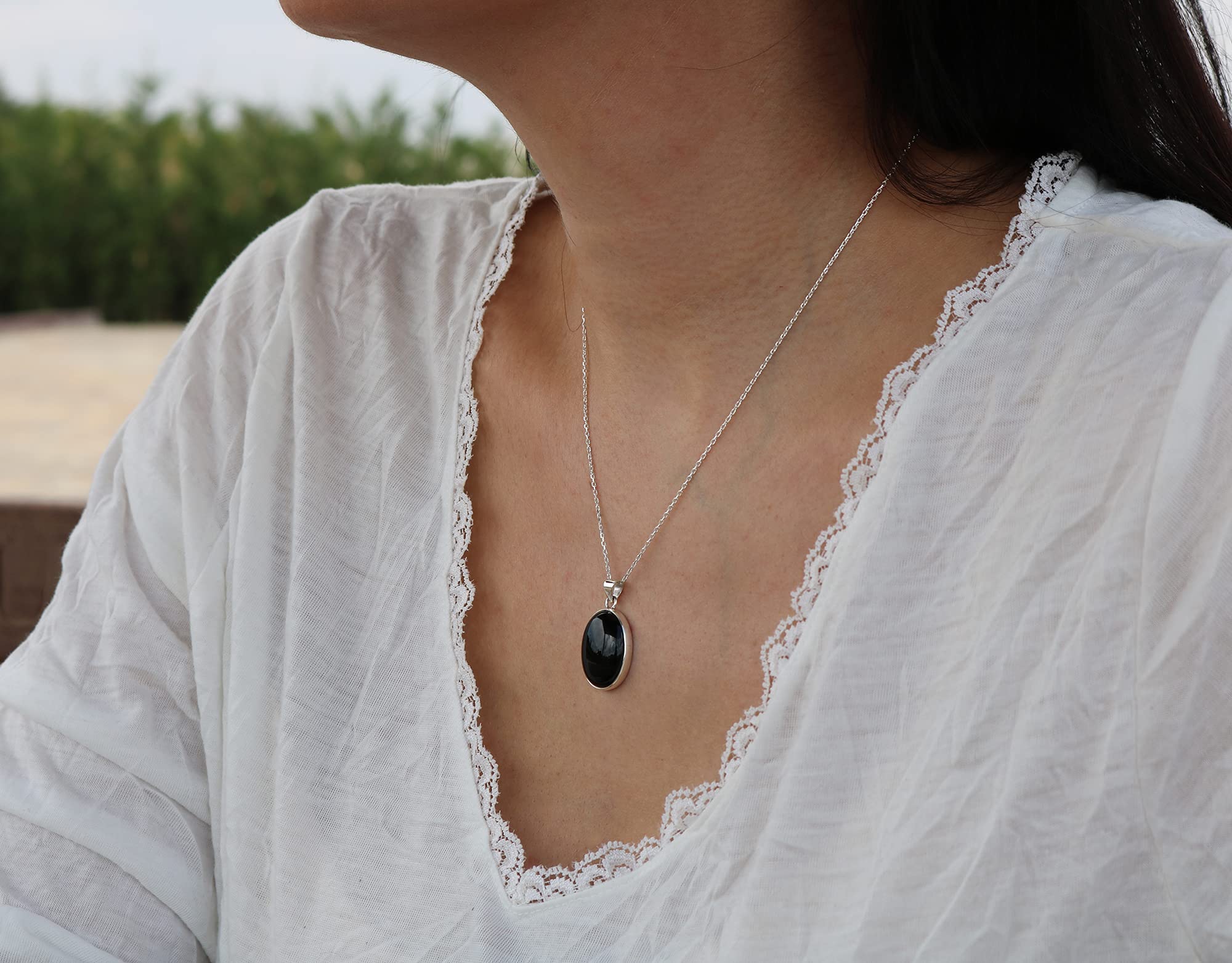 Sterling Silver Oval Black Onyx Small Pendant Necklace - Handmade 15x20mm Black Stone 16+2 inches Chain for Women