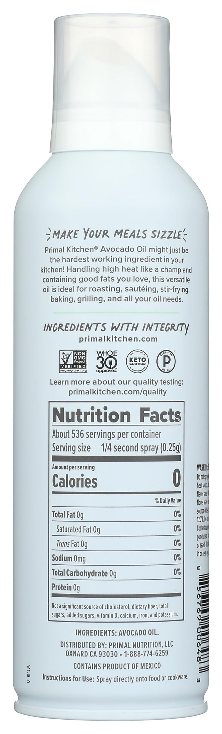 Primal Kitchen Avocado Oil Spray, Whole 30 Approved & Cold Pressed, 1 Can - 4.7 Ounce