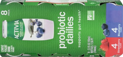 Activia Probiotic Dailies Strawberry and Blueberry Lowfat Yogurt Drinks, Delicious Daily Probiotic Yogurt Drinks to Help Support Gut Health, 8 Ct, 3.1 FL OZ