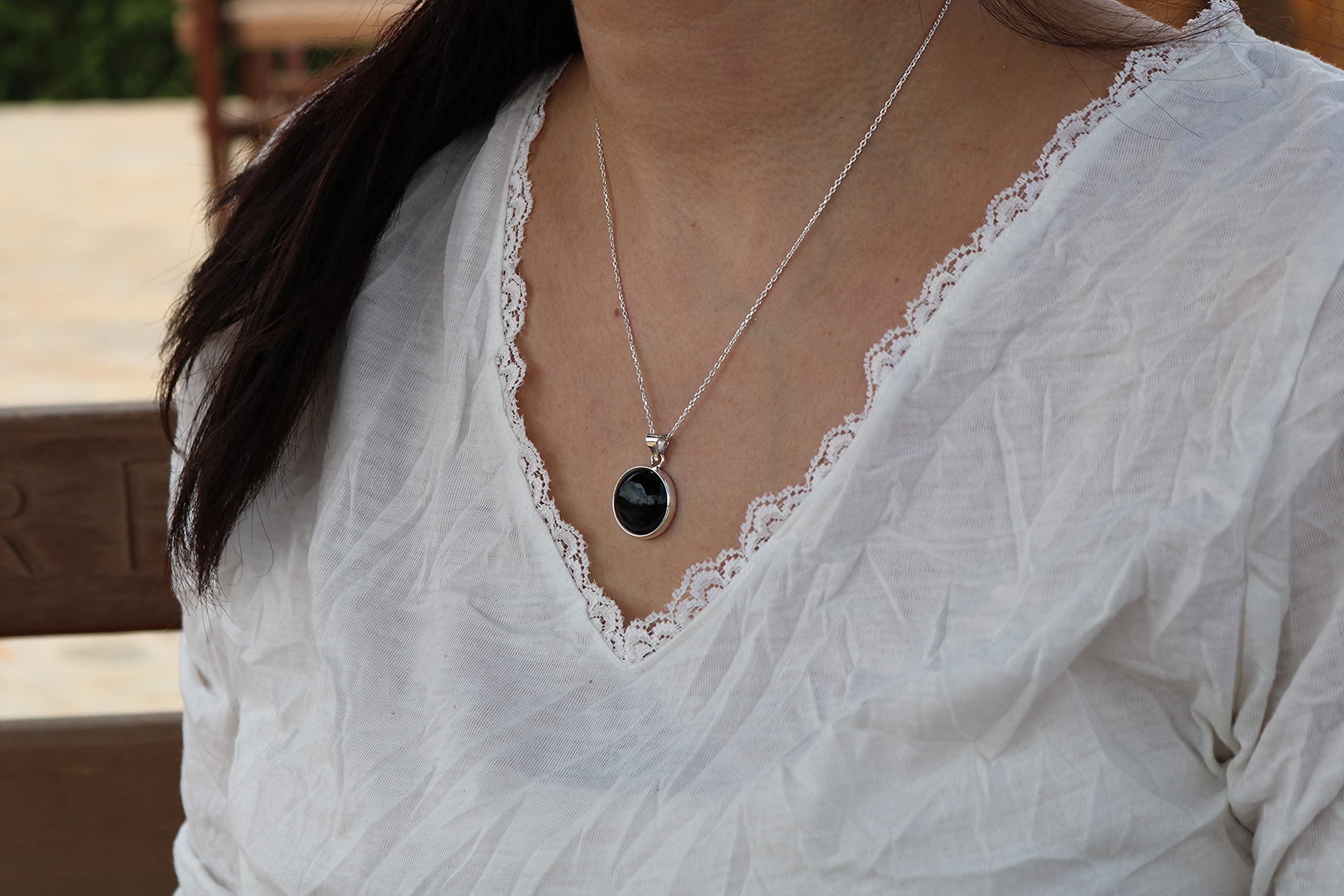 Echmeck Sterling Silver 925 Round Black Onyx 20mm Handmade Pendant Necklace with 16+2 inches Chain for Women