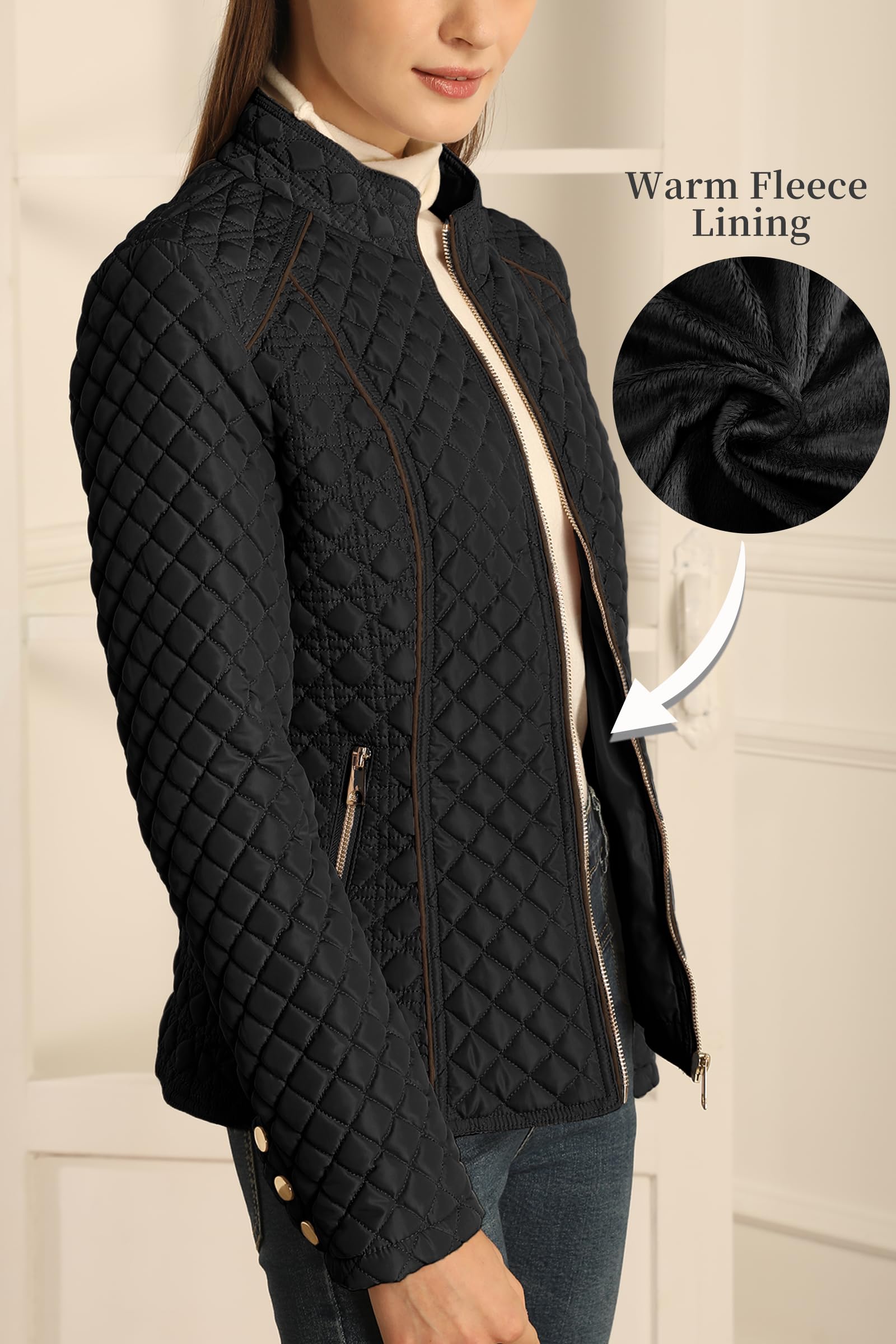 Bellivera Women's Stand Collar Lightweight Quilted Puffer Jacket Padded Zip Coat for Spring and Winter 087 black S