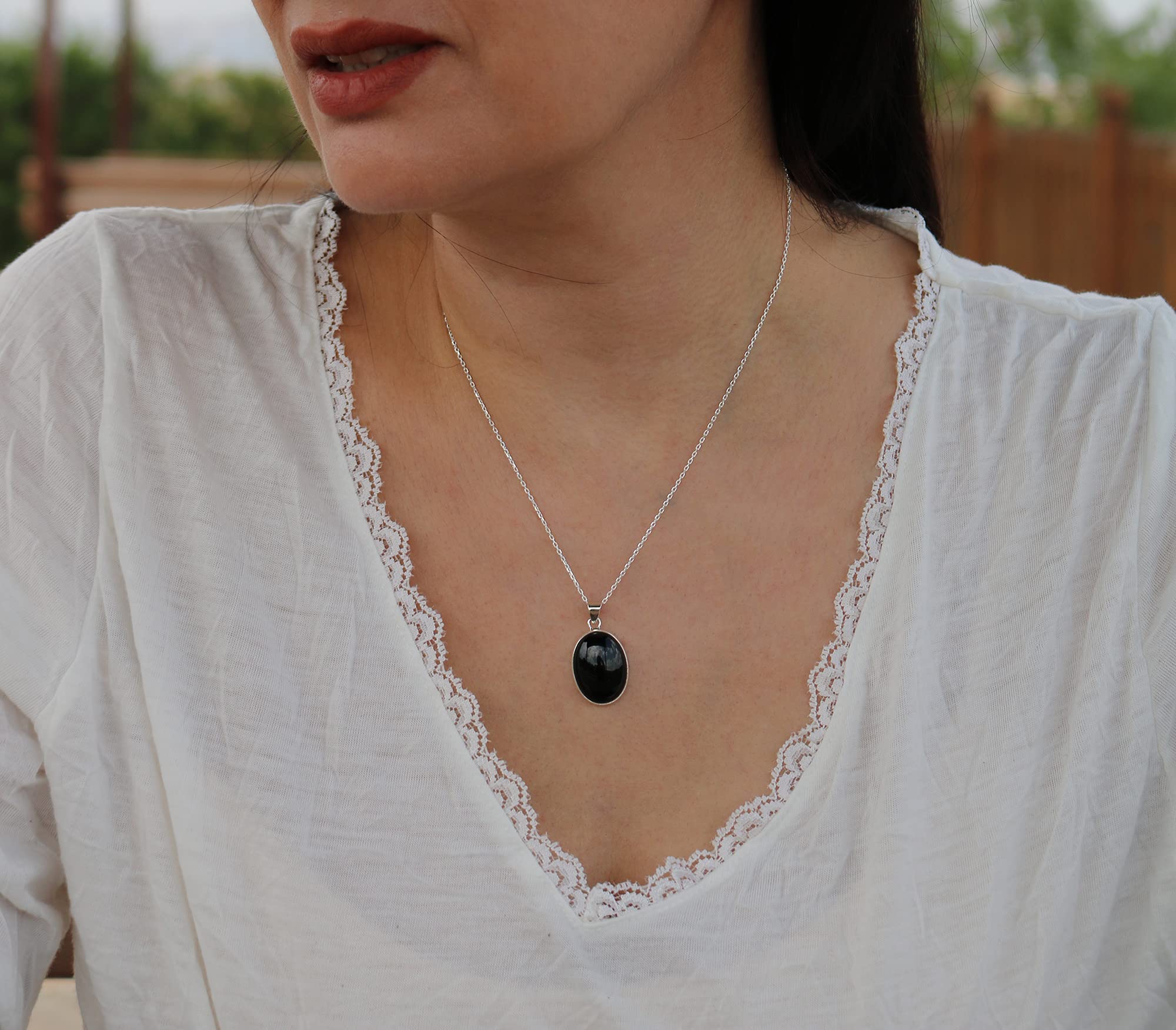 Sterling Silver Oval Black Onyx Small Pendant Necklace - Handmade 15x20mm Black Stone 16+2 inches Chain for Women