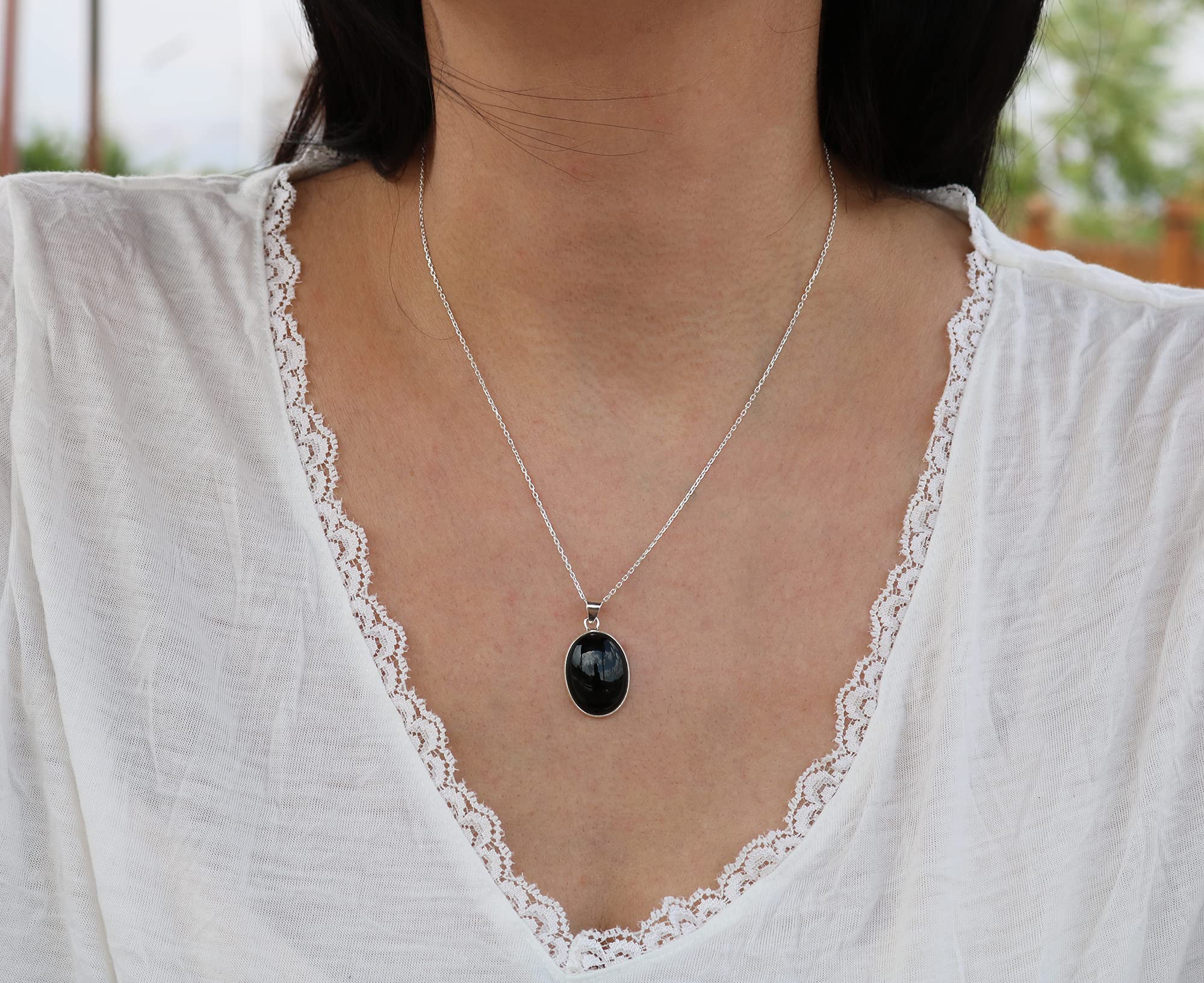 Sterling Silver Oval Black Onyx Small Pendant Necklace - Handmade 15x20mm Black Stone 16+2 inches Chain for Women